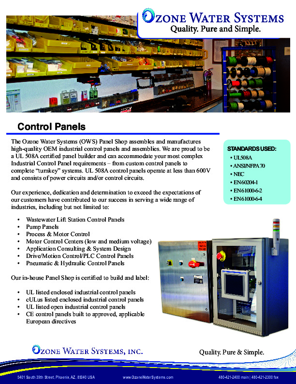 Certified UL 508 Control Panels - Ozone Water Systems